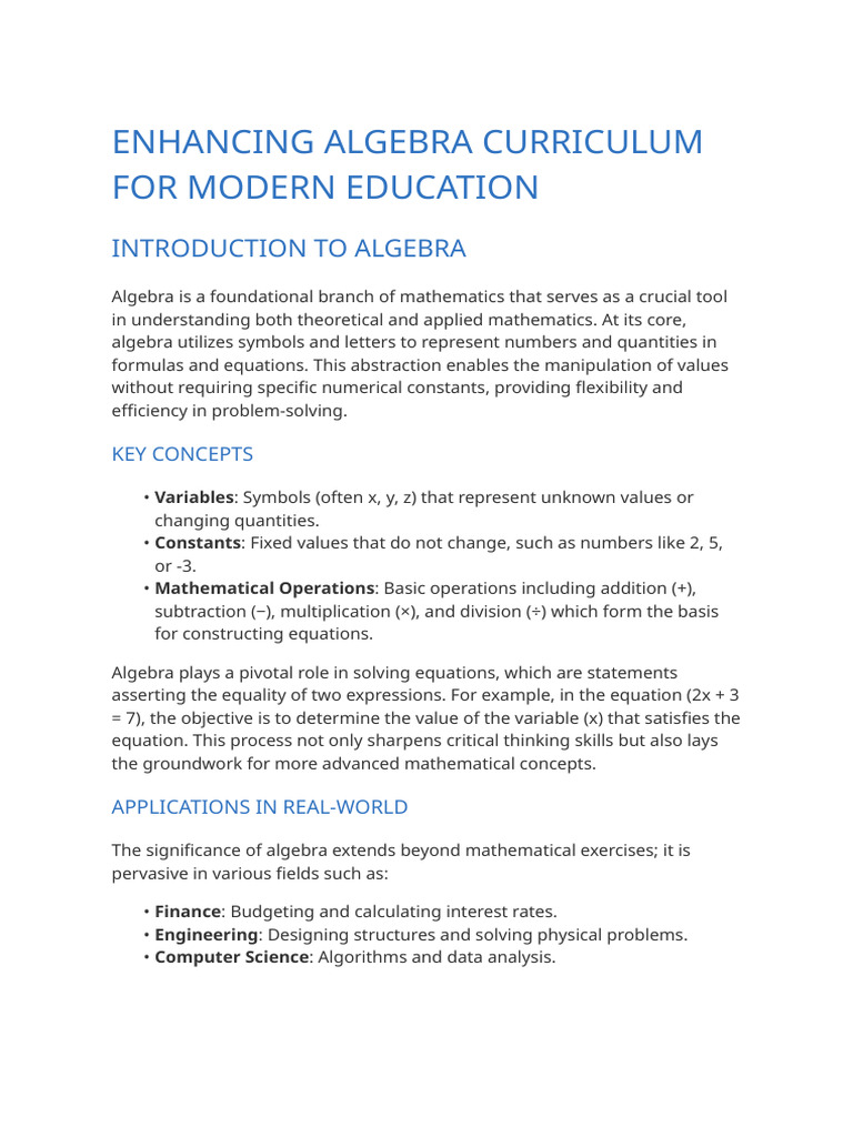 Enhancing Algebra Curriculum for Education | PDF | Equations | Algebra