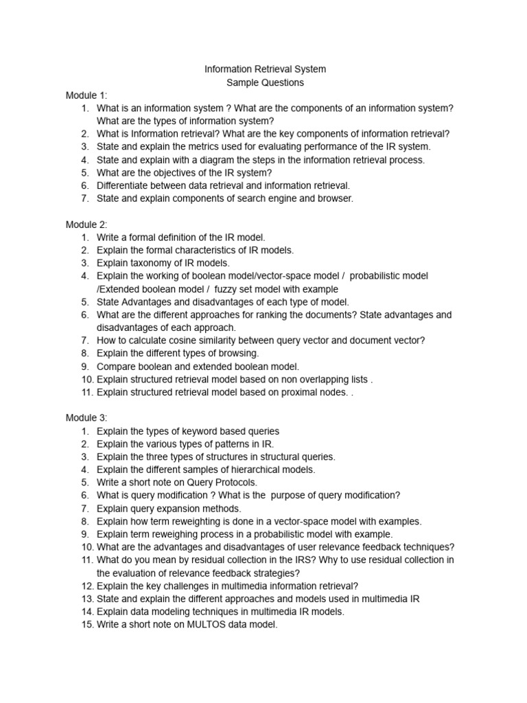 IRS Module 1-3 Sample Questions | PDF | Information Retrieval | Information Science