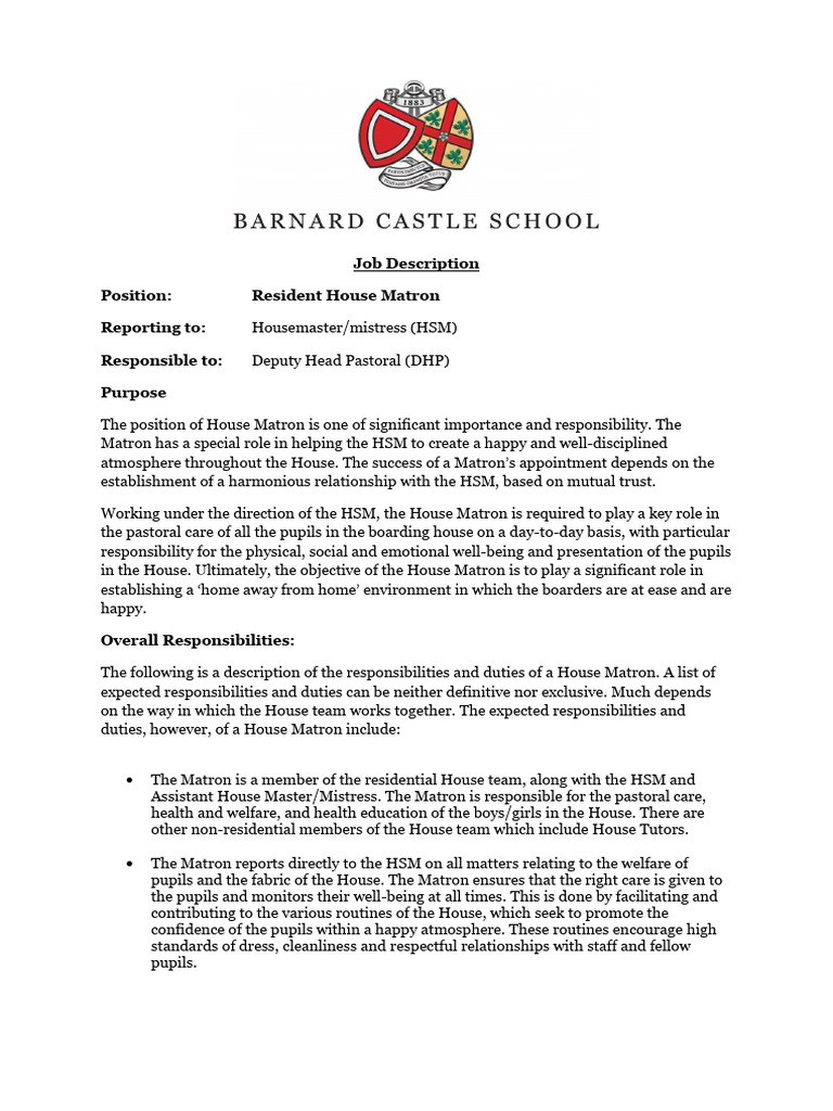 Resident House Matron Job Description | PDF | Fire Safety