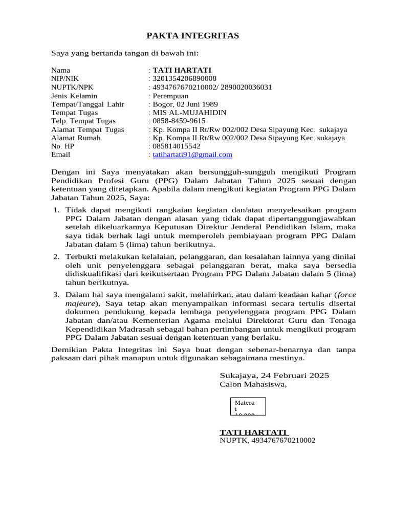 Pakta Integritas PPG Dalam Jabatan | PDF