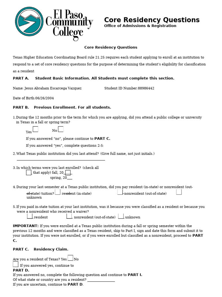 Texas Core Residency Questionnaire | PDF | Immigration