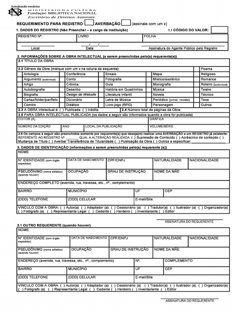 Formulario 1 - Registro - Direitos Autorais | PDF