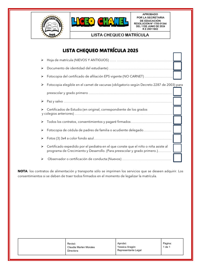 Lista Chequeo Matrícula | PDF