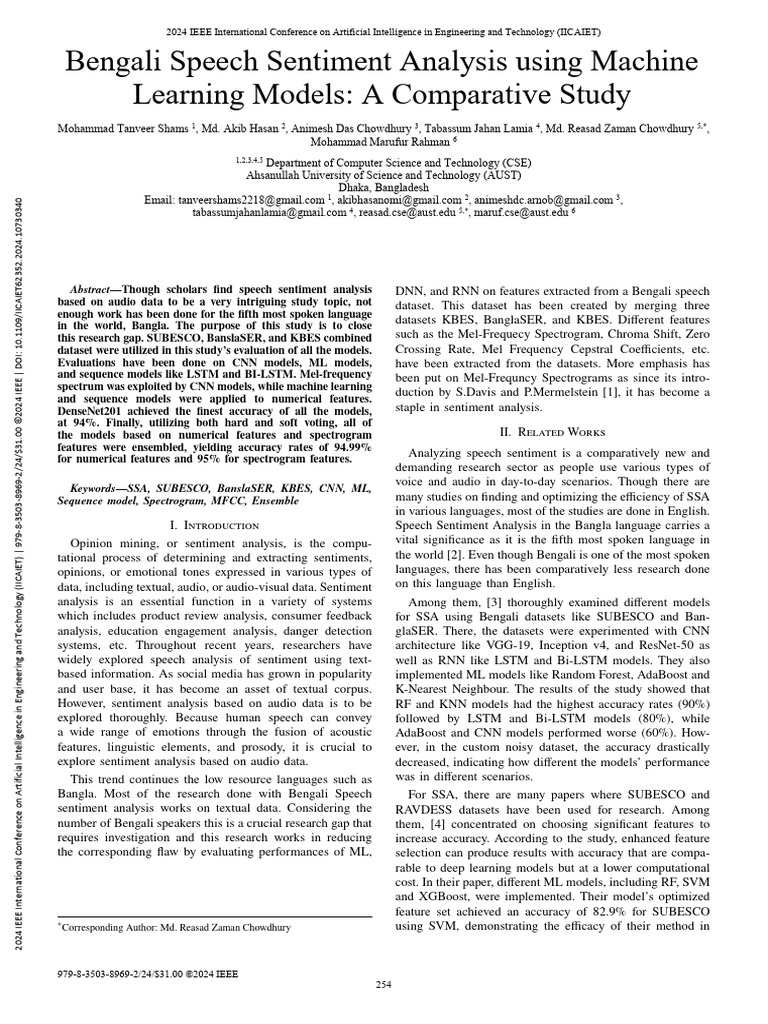 Bengali Speech Sentiment Analysis Using Machine Learning Models A