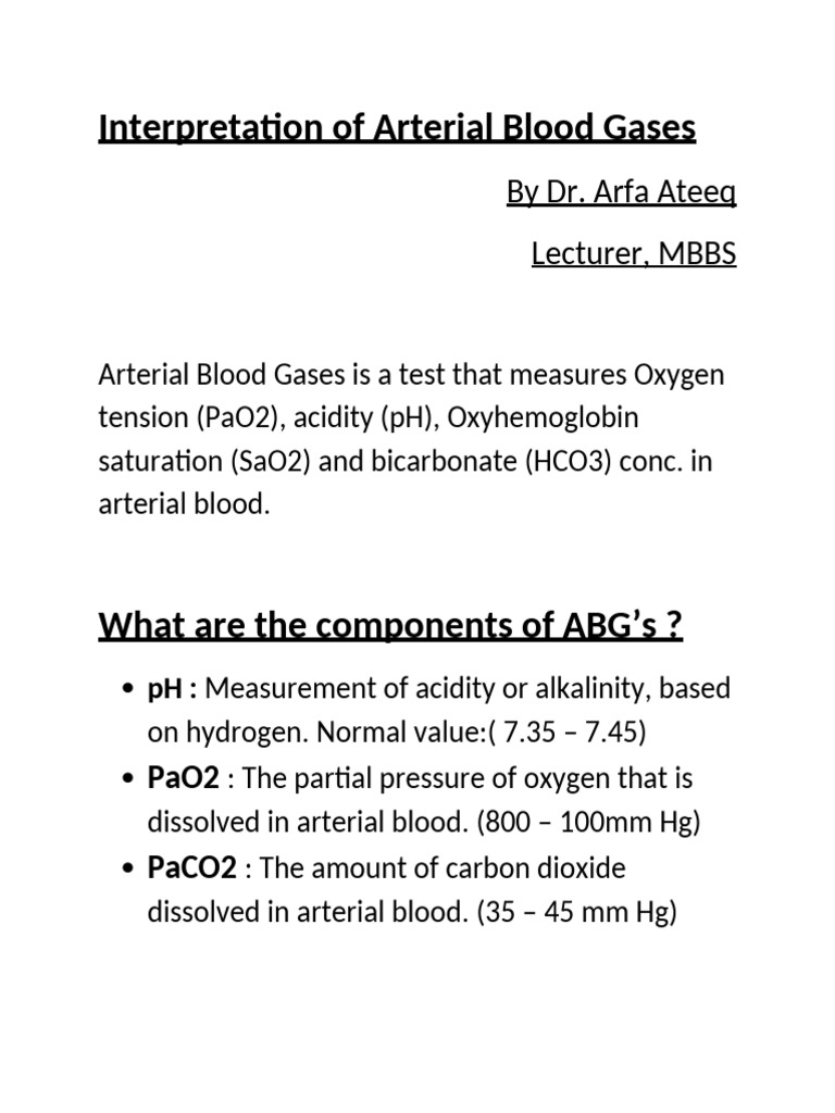 Interpretation of Arterial Blood Gases PRACTICAL FINAL | PDF | Medical ...
