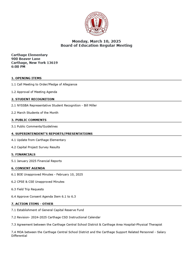 Carthage CSD BOE Agenda 03-10-2025 | PDF