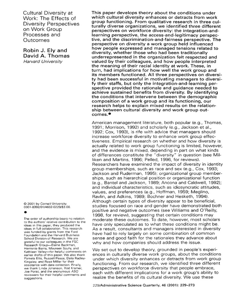 Ely & Thomas 2001 Cultural Diversity at Work | PDF | Copyright | Social ...
