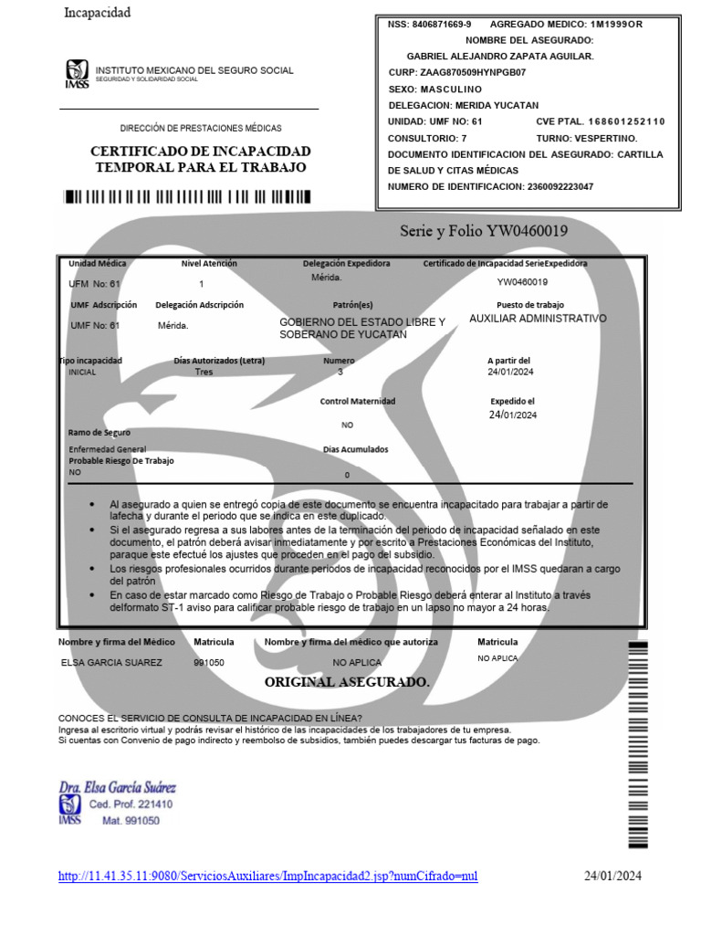 Certificado de Incapacidad Temporal IMSS | PDF