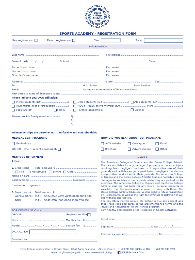 Sports Academy Registration Form English | PDF | Payments