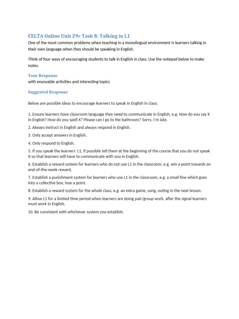 CELTA Online Unit 29c Task 8 - Talking in L1 | PDF