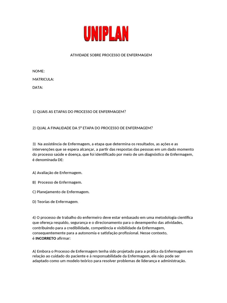 Atividade Sobre Processo de Enfermagem | PDF