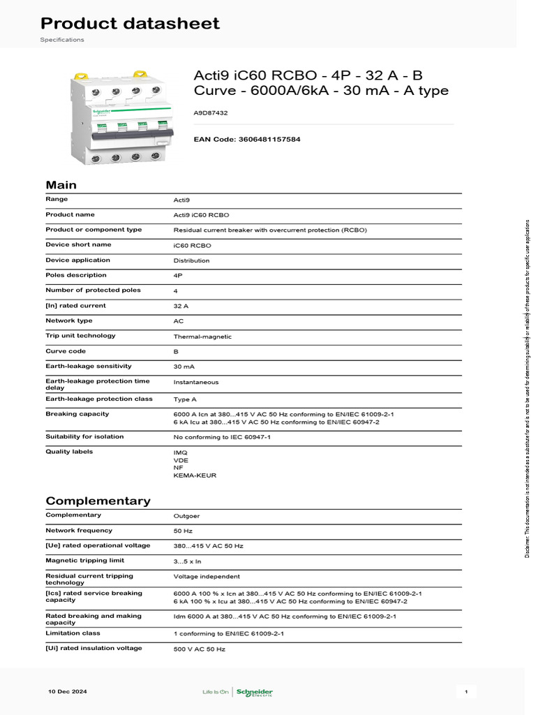 Schneider Electric - Acti9-iC60-RCBO-2P-3P-4P - A9D87432 | PDF | Alternating Current ...