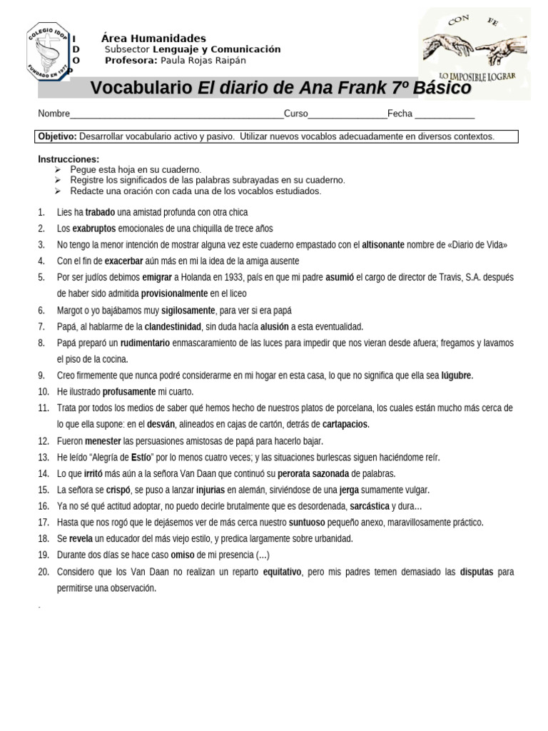 VOCABULARIO El Diario de Ana Frank | PDF