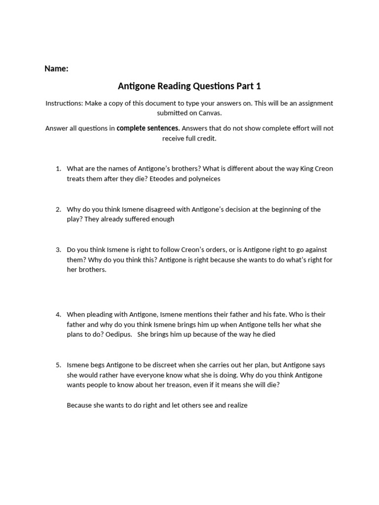 Antigone Reading Questions Part 1 | PDF