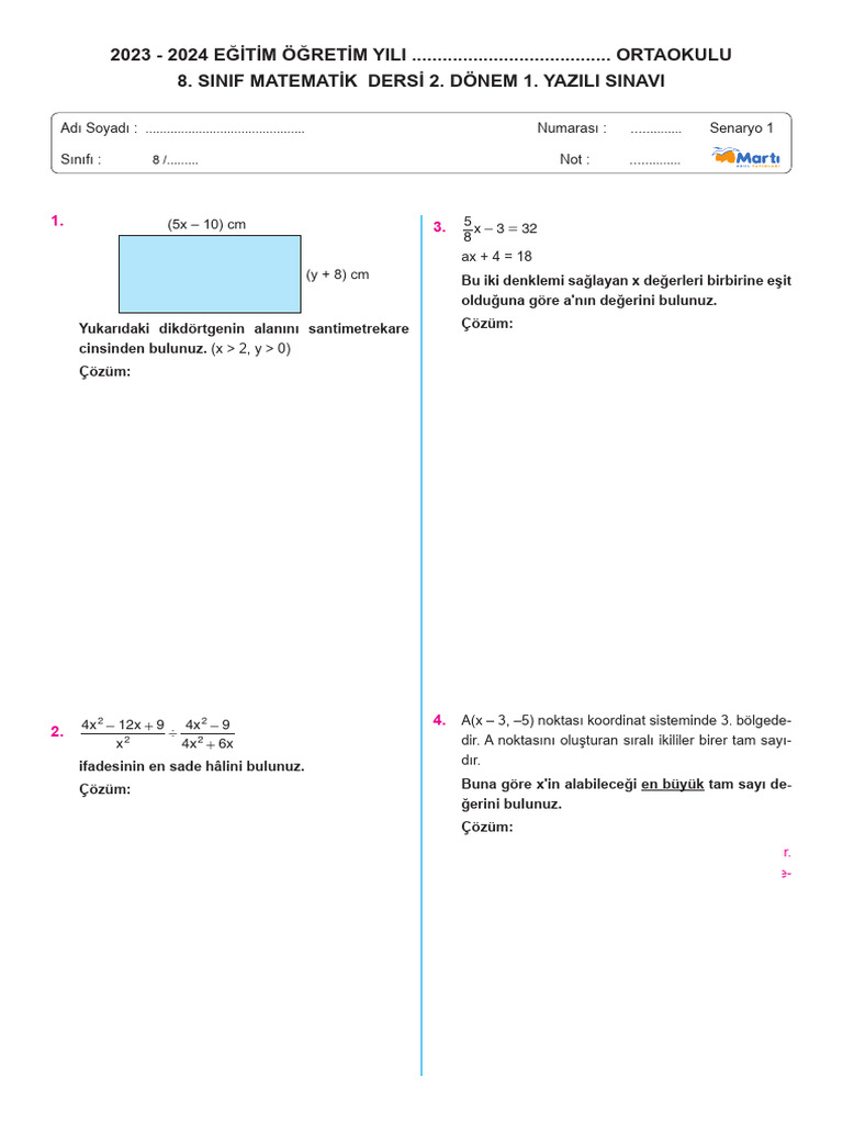 8.sinif Matematik 2.donem 1.yazili Sorulari | PDF