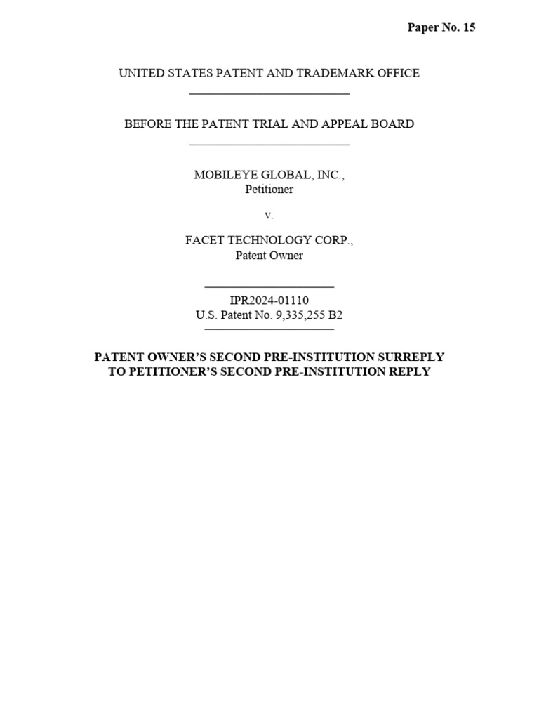 mobileye-facet-IPR-2nd-preliminary Sur-Reply (255 Patent) | PDF ...
