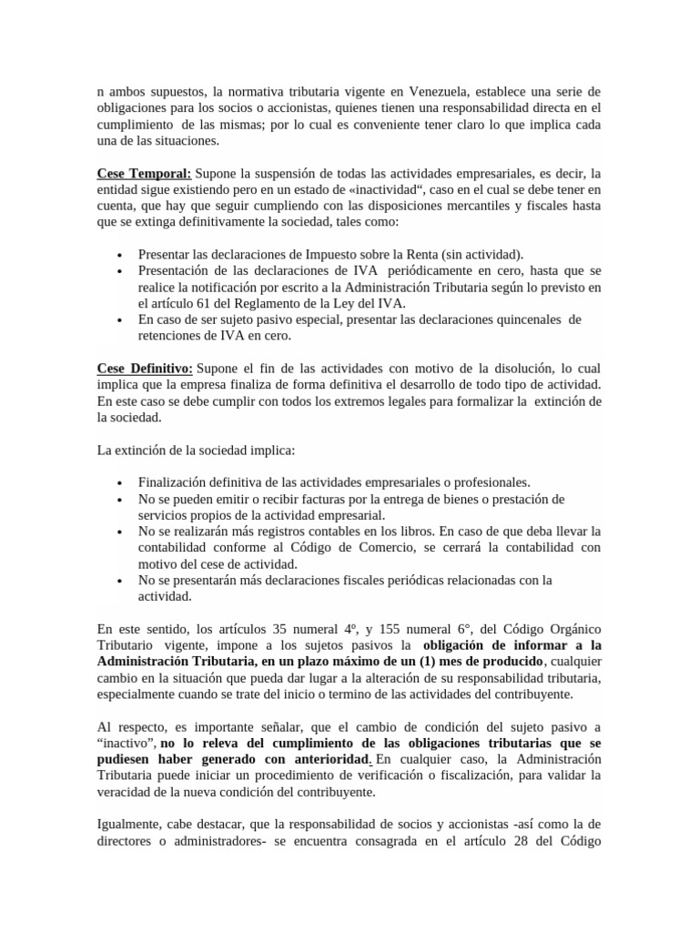 Cese de Actividades Empresariales en Venezuela | PDF | Contabilidad ...