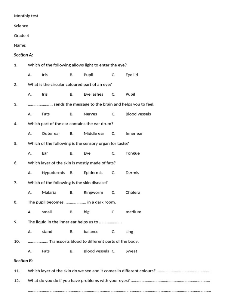 Grade 4 Monthly Science Test | PDF