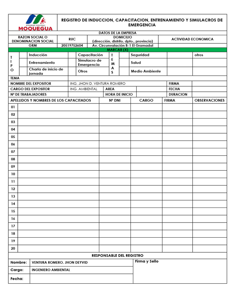 Formato 04 Registro Induccion, Capacitacion, Entrenamiento y Simulacros de Emergencia | PDF