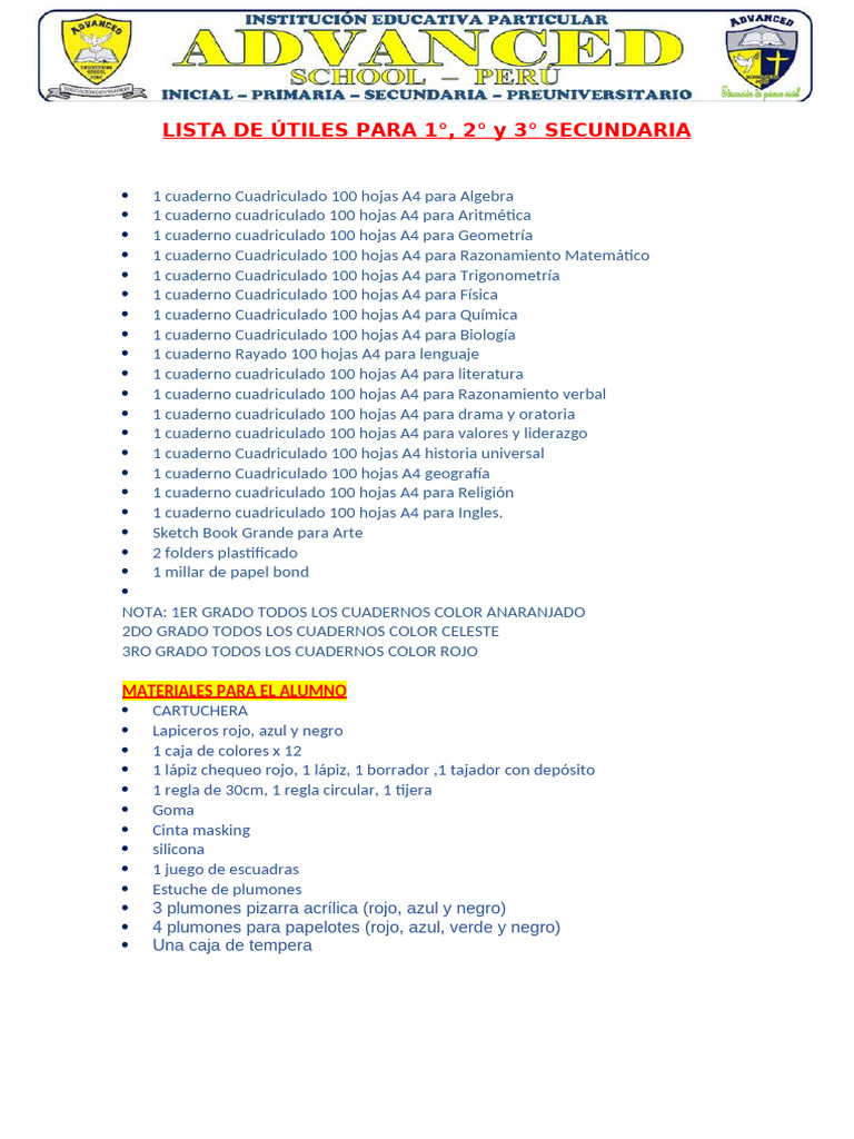 LISTA DE ÚTILES 1,2 y 3 Sec | PDF