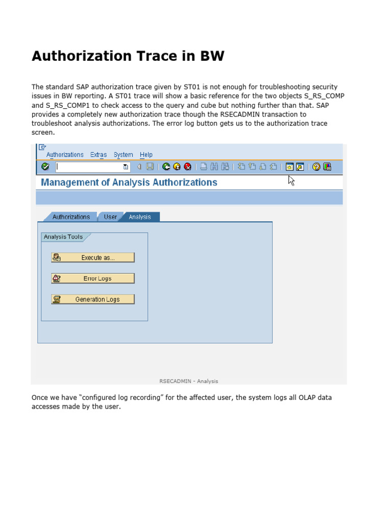 Authorization Trace in BW | PDF