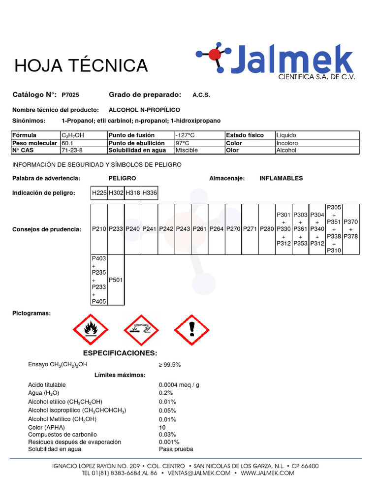 1 Propanol Alcohol Propilico | PDF