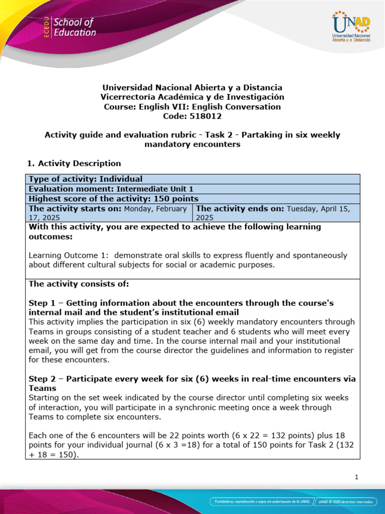 Activity Guide and Evaluation Rubric - Unit 1 - Task 2 - Partaking in Six Weekly Mandatory ...