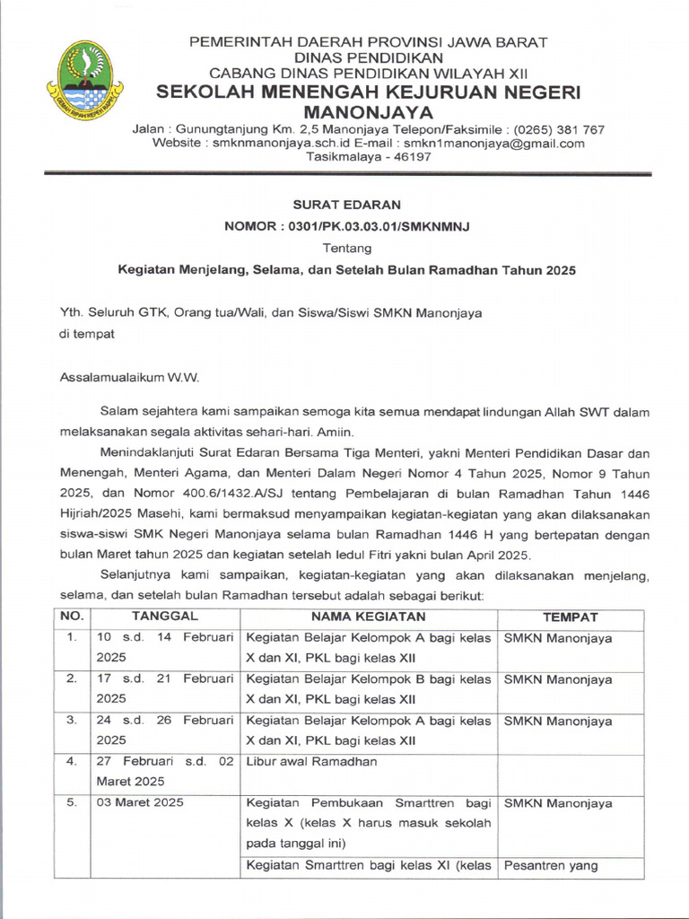 Surat Edaran Kegiatan Menjelang, Selama, Dan Setelah Bulan Ramadhan Tahun 2025 | PDF