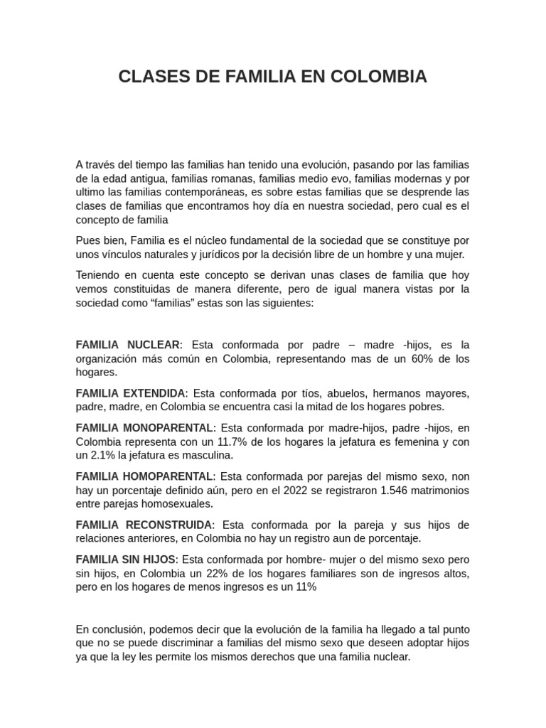 Clases de Familias en Colombia: Tipos y Evolución | PDF