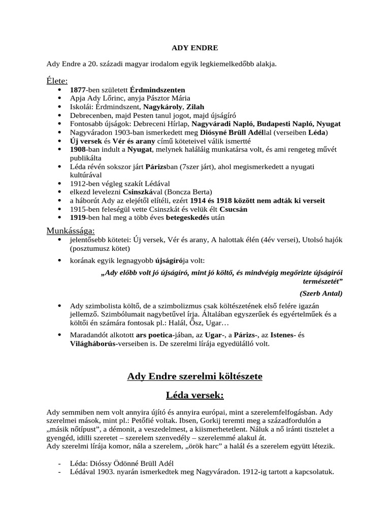 Ady Endre Szerelmi Költészete | PDF