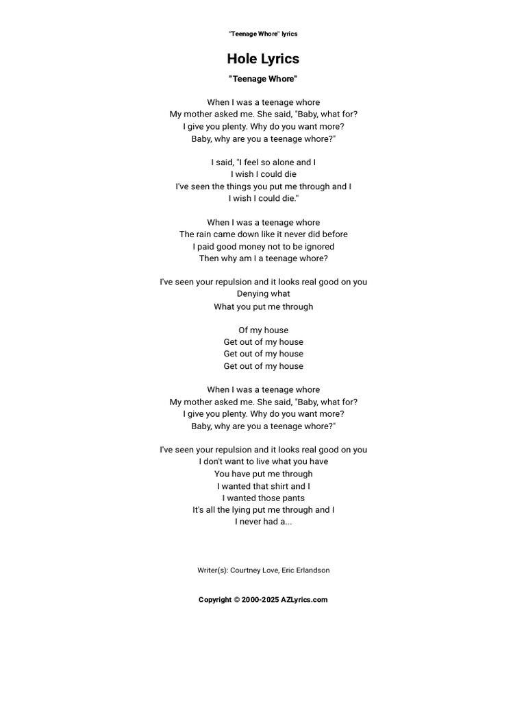 Hole - Teenage Whore Lyrics _ AZLyrics.com | PDF