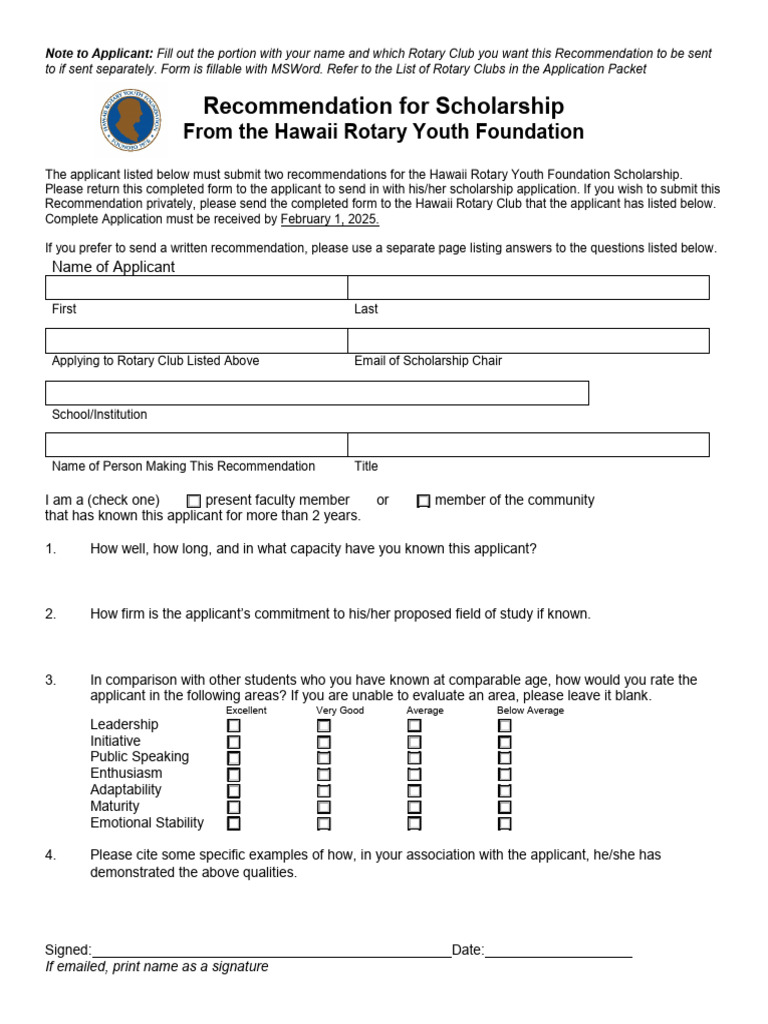 Scholarship Recommendation Form for Hailey | PDF | Leadership | Psychology