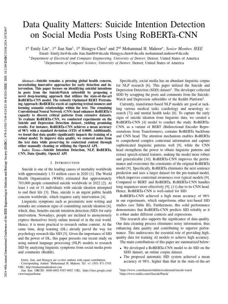 Data Quality Matters Suicide Intention Detection On Social Media Posts Using RoBERTa-CNN | PDF ...