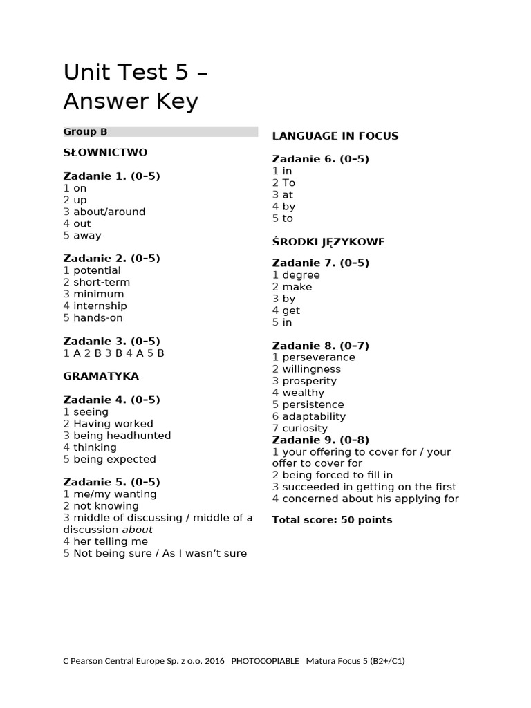 Unit Test 5 - Answer Key -Group B | PDF