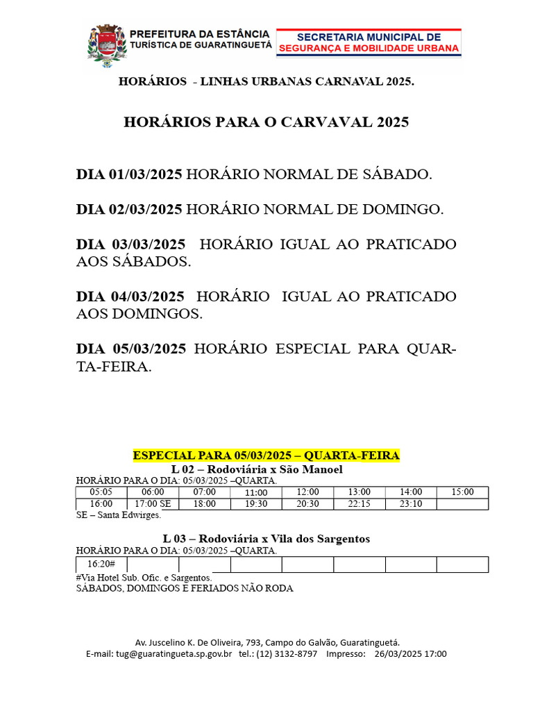 Horarios Carnaval 2025 PMG 01 | PDF