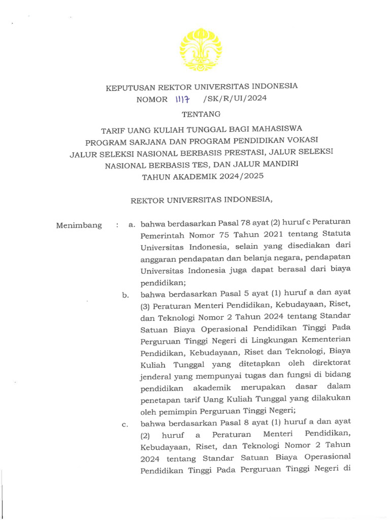 SK 2024 NO 1117 Tarif UKT Program Sarjana Dan Diploma Jalur SNBP | PDF