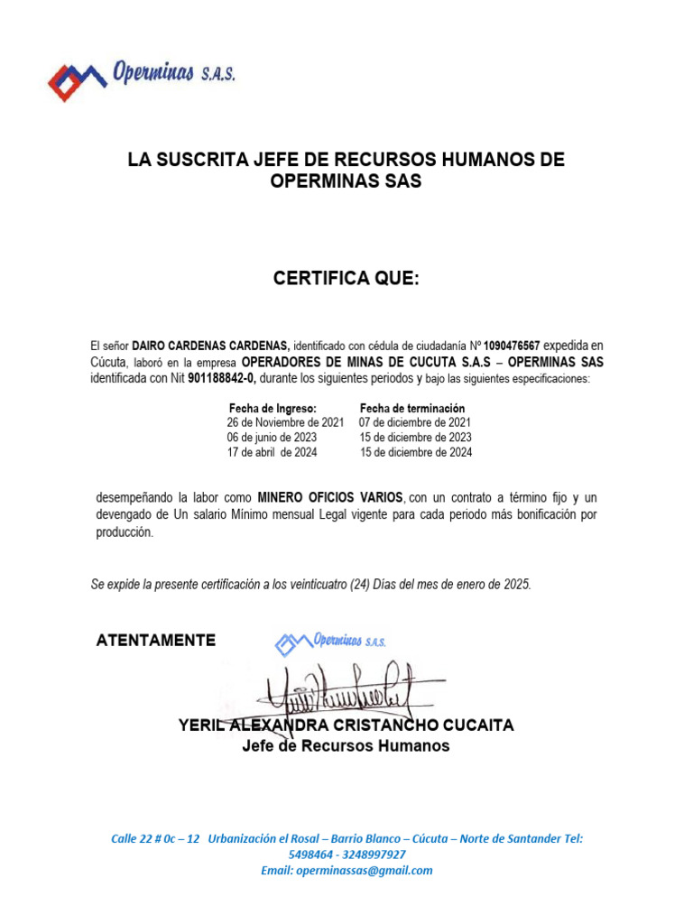 Certificacion Laboral - Dairo Cardenas | PDF