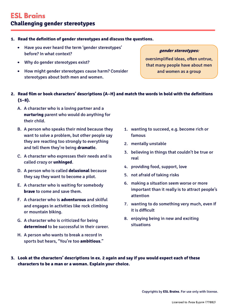 ESL Brains Challenging Gender Stereotypes SV 7180 | PDF | Stereotypes ...