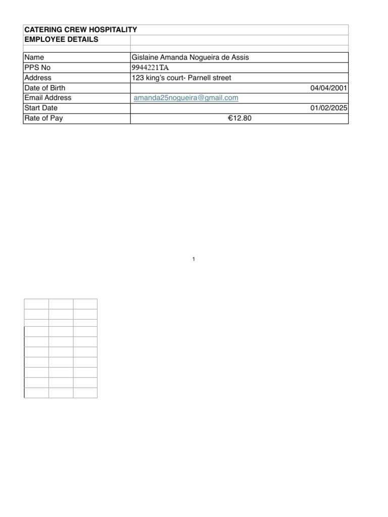 Catering Crew Employee Details | PDF