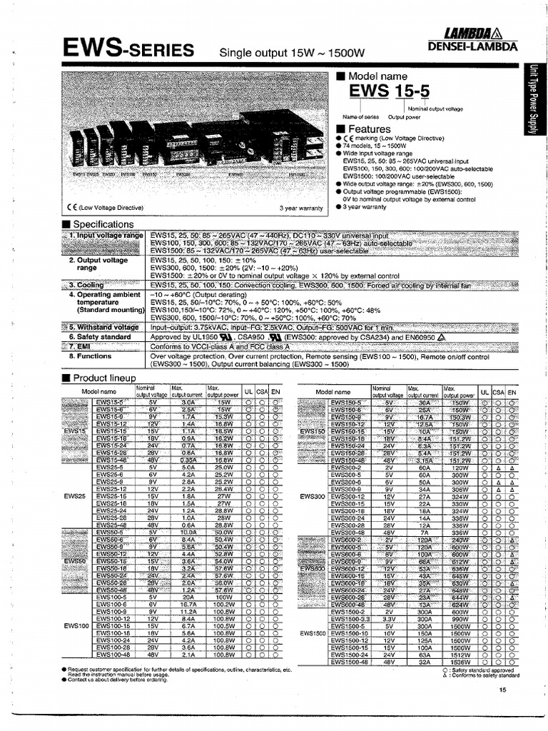 Lambda EWS15 24 Datasheet | PDF