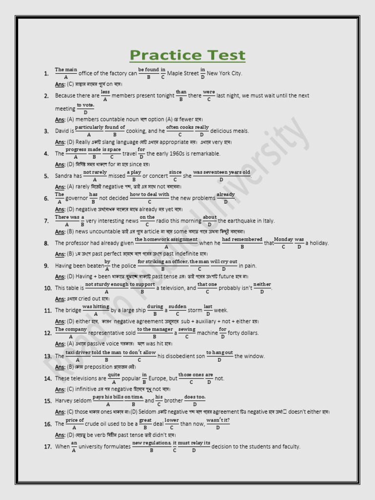 Grammar Practice Test Answers | PDF | Plural | Verb
