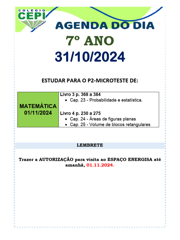 Agenda 31.10.2024 7º ANO | PDF