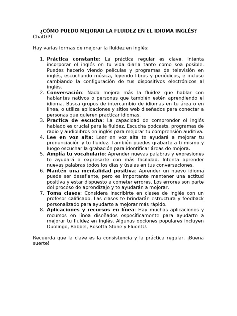 Cómo Puedo Mejorar La Fluidez en El Idioma Inglés | PDF | Idioma en ...