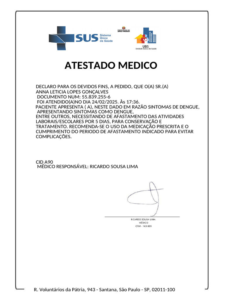 Atestado Médico para Afastamento por Dengue | PDF
