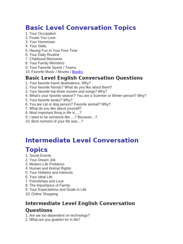 Basic Level Conversation Topics | PDF