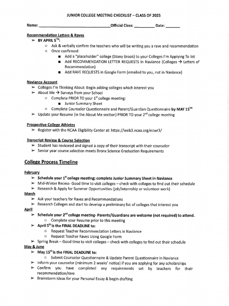 Junior College Checklist - Class of 2025 | PDF