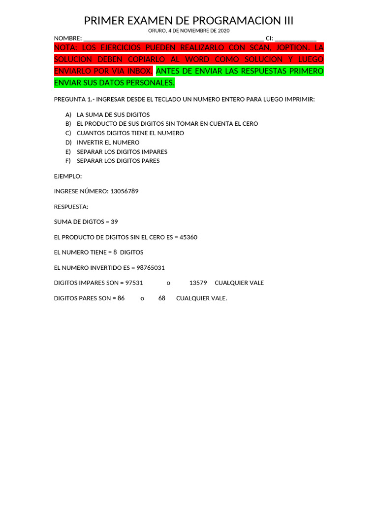 PRIMER EXAMEN DE PROGRAMACION III 2-2020 | PDF