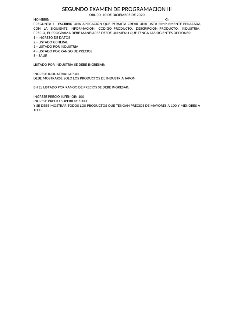 Segundo Examen de Programacion III 2020 | PDF