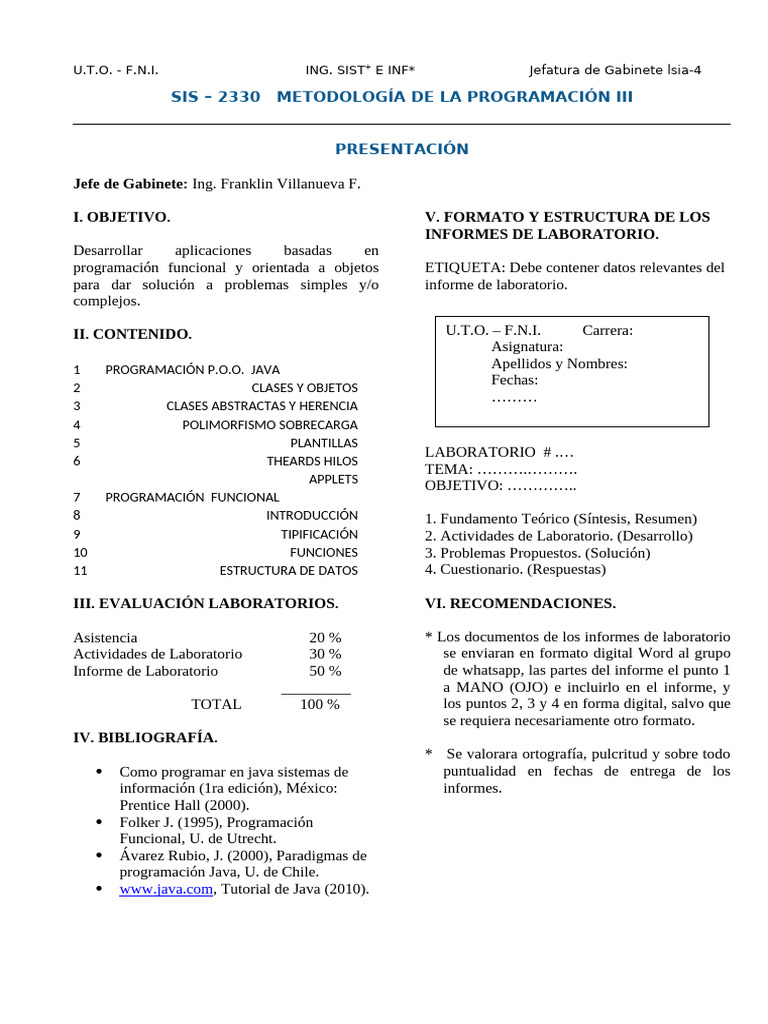 Evaluacion Formato Entrega Informes LAB SIS 2330 Prog III | PDF