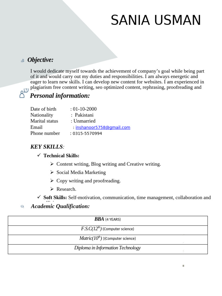 Content Writer Profile: Sania Usman | PDF